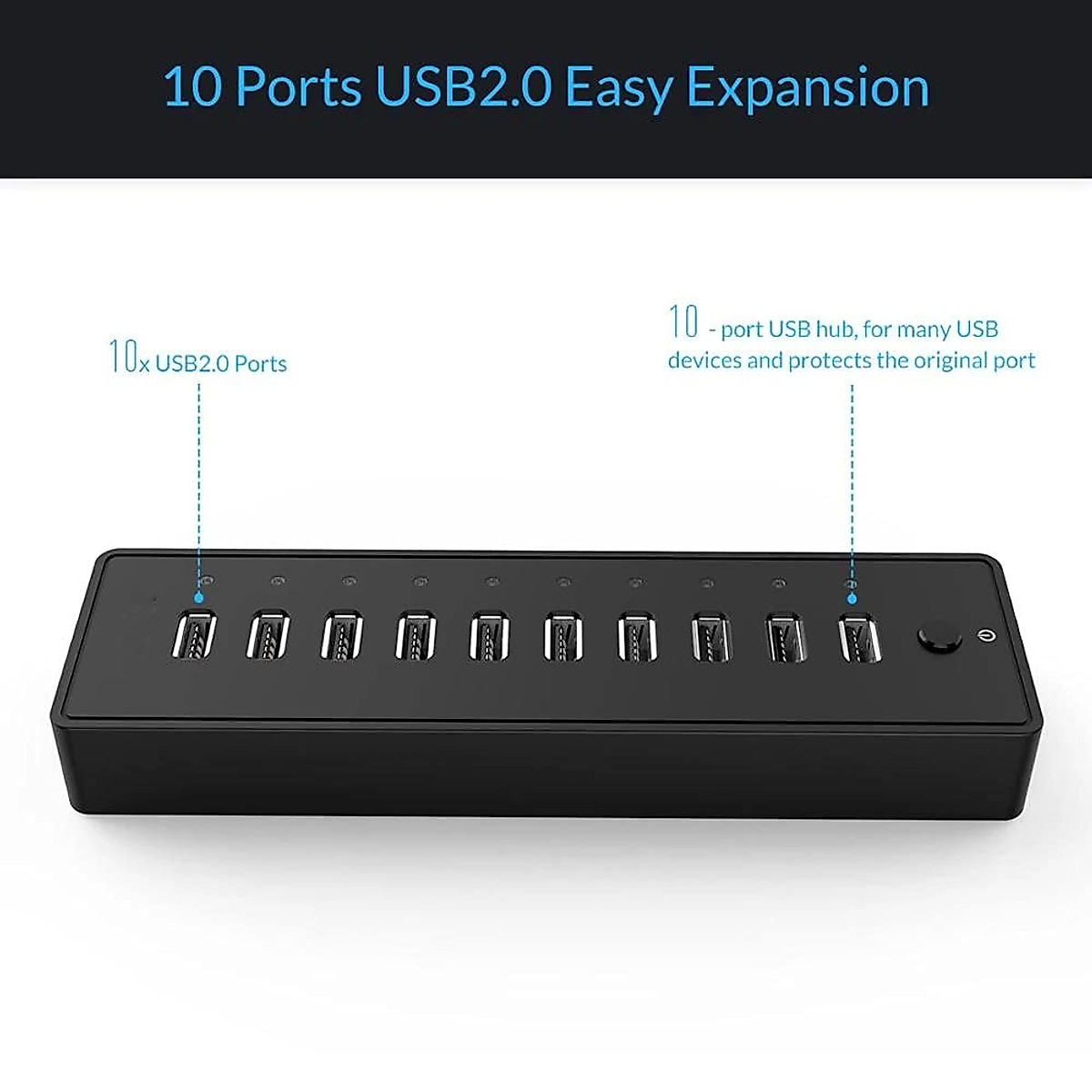SHYPT USB HUB 10 Port ABS USB2.0 HUB with 12V Power Adapter High Speed USB Splitter for PC Computer Accessories 1M Data Cable