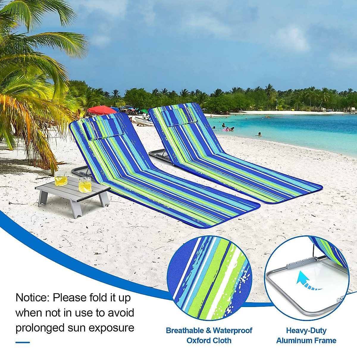 GYMAX Beach Chairs, Folding Tanning Lounge Chairs with Table Set, Adjustable Patio Floor Chair, Outdoor Sunbath Chair with Desk, Pillow & Storage Bag for Outside, Patio, Poolside (Blue Stripe)