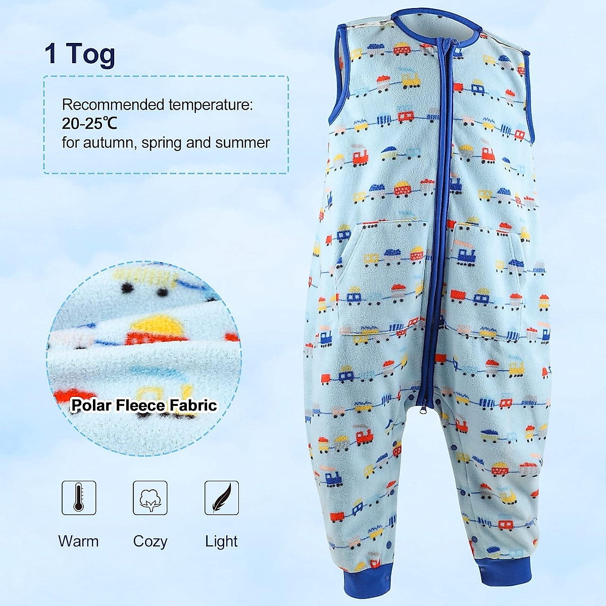 MOEMOE BABY Toddler Sleeping Sack Fleece Sleep Sack with Feet 1.0 Tog Sleep Sack with Legs Sleeveless Wearable Blanket Baby