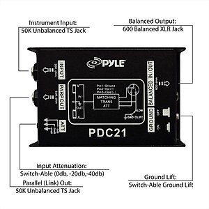Pyle Premium Direct Injection Audio Box - 2.36" x 4.09" Passive DI Unit Hum Eliminator w/ Input Attenuator to Connect Guitar & Bass, 1/4'' Impedance Transformer Connector to Balanced & Unbalanced XLR