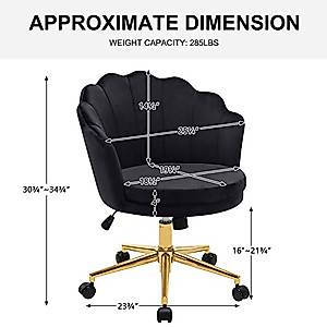 Furnimart Black Home Office Chair with Wheels Upholstered Comfy Velvet Desk Chair Stool, Cute Adjustable Swivel Modern Seashell Back Vanity Chair for Living Room, Bedroom, Office (Black)