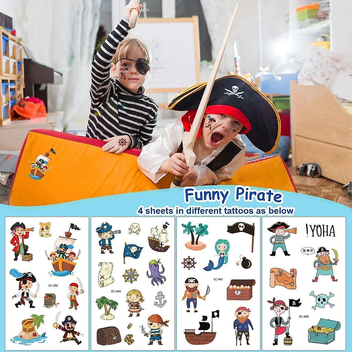 Leesgel 300pcs Temporary Tattoos for Kids, Featured 5 Series of Fake Waterproof Tattoos for Boys Girls- Spaceships, Dinosaurs, Animal Zoos, Mermaids, Pirates. (20 Sheets)