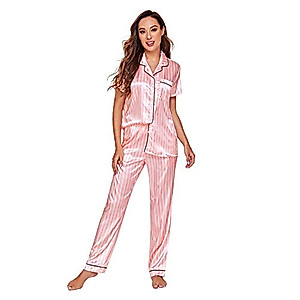 WDIRARA Women's Sleepwear Striped Satin Short Sleeve Shirt and Pants Pajama Set Pink S