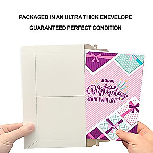 Birthday Card Sister With Love, Prime Greetings, Made in America, Eco-Friendly, Thick Card Stock with Premium Envelope 5in x 7.75in, Packaged in Protective Mailer