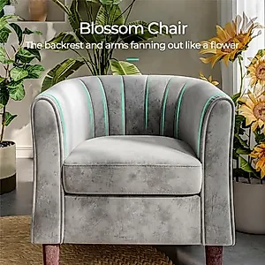 LINSY Velvet Accent Chair, Barrel Chair with Ottoman, Modern Comfy Reading Chair Armchair for Living Room Study Room Office, Gray