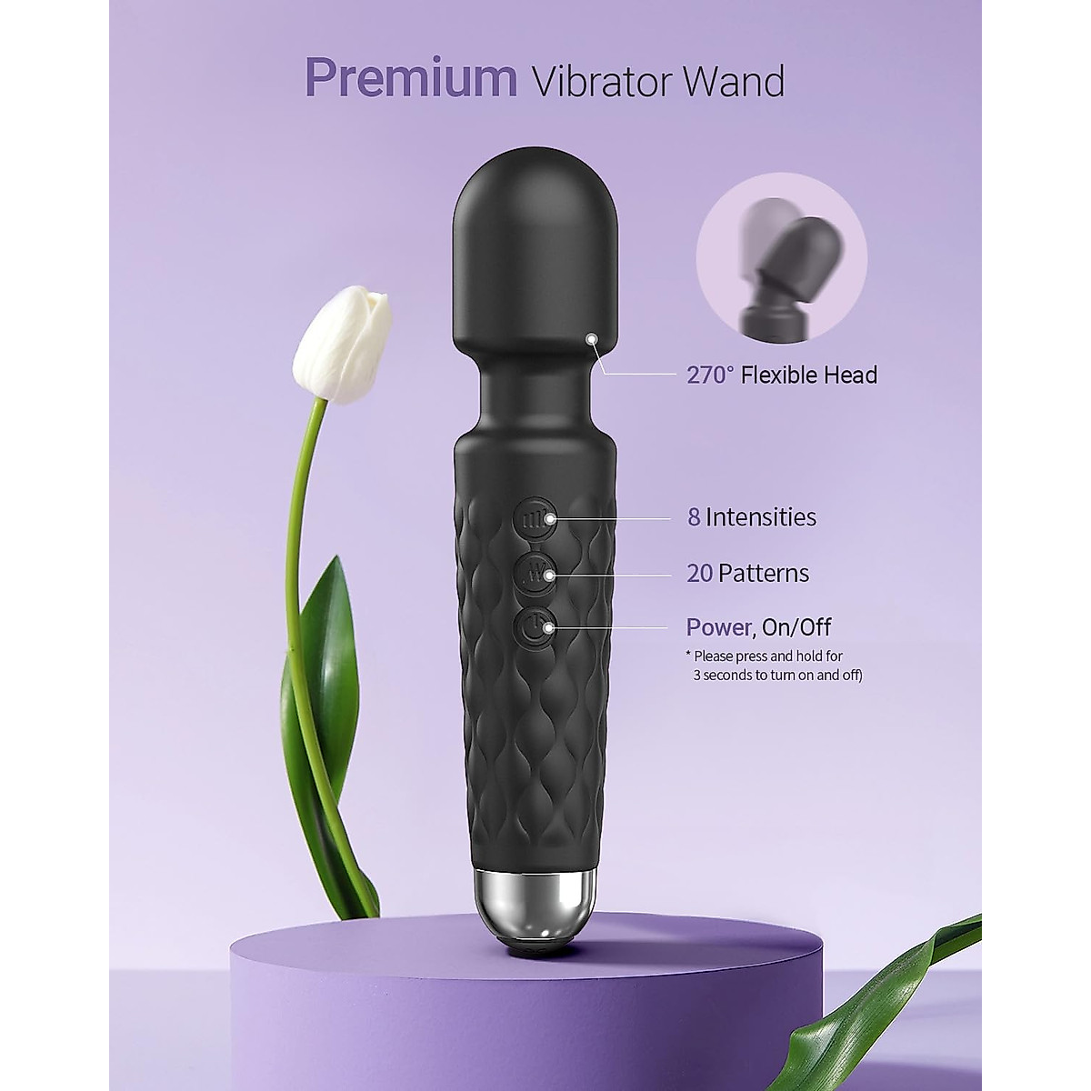 SIKXTOA Vibrator Wand Sex Toys, Female Adult Vibrators for Her, Wand Massager, Clit Stimulator Sex Toy, Dildo, with 8 Speeds of Pleasure & 20 Patterns, Waterproof (Classic Black)