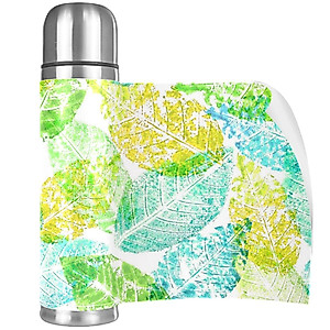 Stainless Steel Leather Vacuum Insulated Mug Leaves Thermos Water Bottle for Hot and Cold Drinks Kids Adults 16 Oz