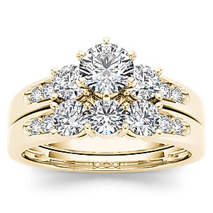 DZON IGI Certified 14k Yellow Gold 1 3/8 Carat TDW Diamond Three Stone Bridal Ring Set (I-J,I2)