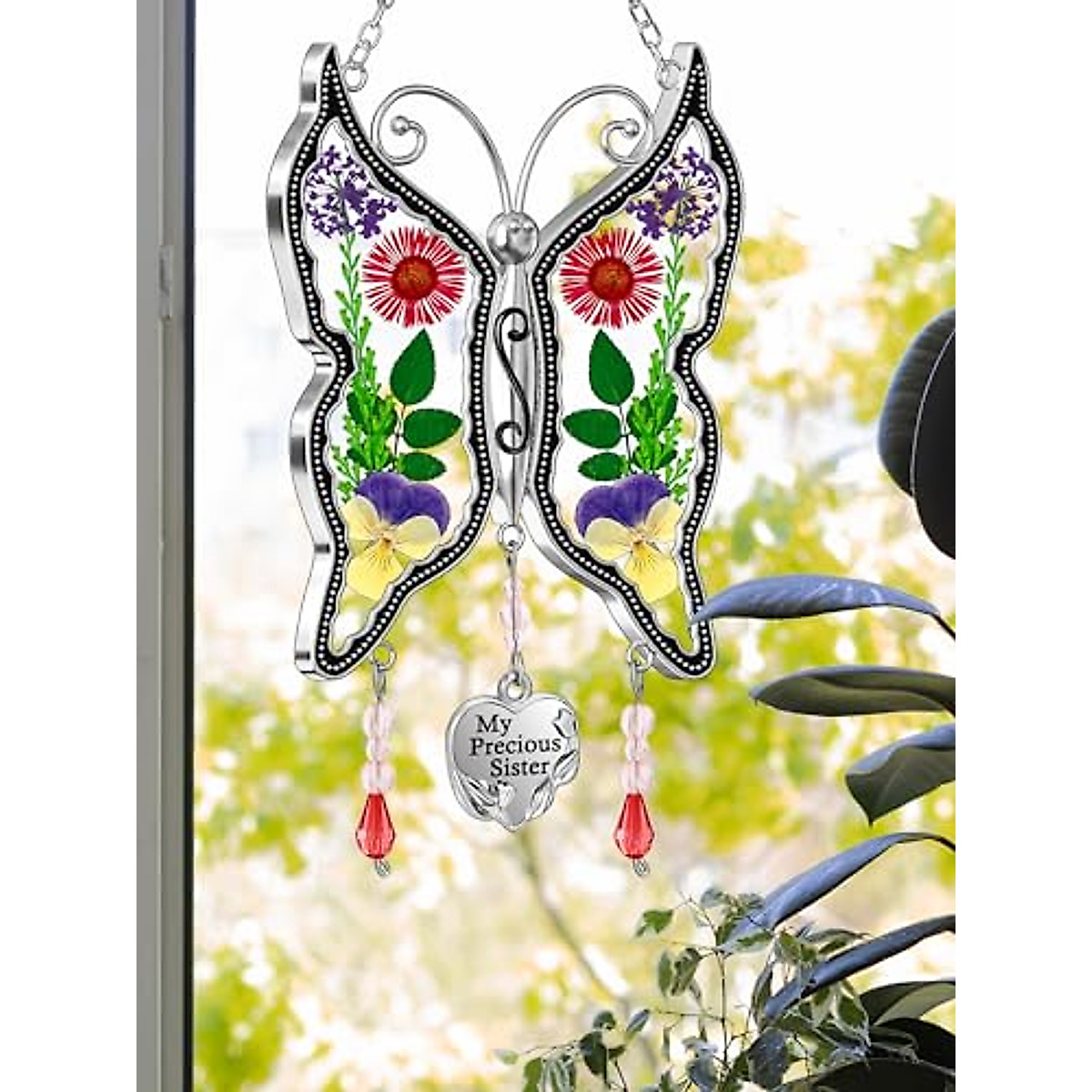 KY&BOSAM Butterfly Suncatcher Stained Glass Hangings for Windows My Precious Sister Sun Catcher Pressed Real Flower Wing in Glass Dream Catchers Birthday Mother`s Day Wind Chimes Charm