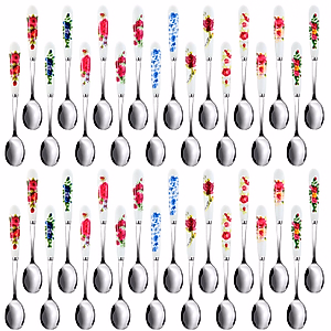 Hushee 36 Pcs Stainless Steel Dessert Spoons Coffee Tea Spoons for Tea Party 6 Inch with Ceramic Handle Chinese Floral Coffee Spoons Soup Spoons Sugar Spoons for Home Tableware Tea Party Supplies