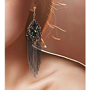 CNCbetter Women Fashion Charms Black Crystal Charms Long Dangle Tassel Screw Back Clip On Earring