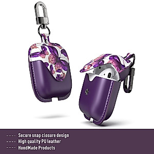 GuarzFun Leather AirPods 1st & 2nd case, AirPod case for Women Girls, AirPod Leather case with Secure snap Closure & Clip, Flower Leather AirPod case, Support Wireless Charging (Purple)