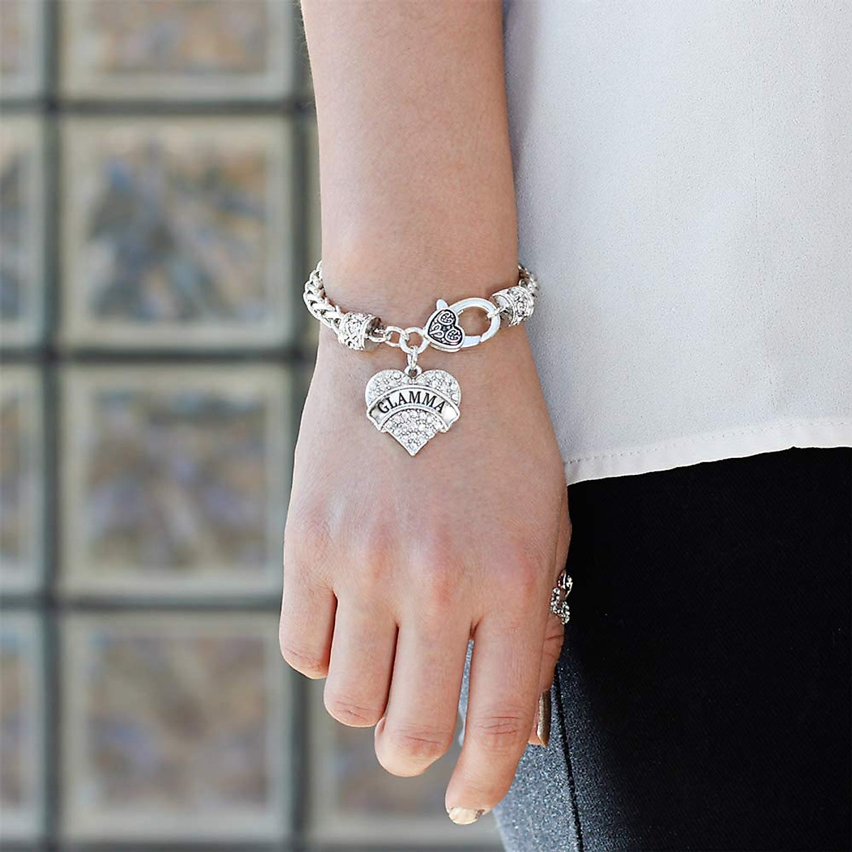 Inspired Silver - Glamma Braided Bracelet for Women - Silver Pave Heart Charm Bracelet with Cubic Zirconia Jewelry