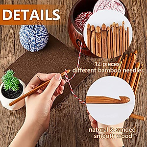 Wooden Yarn Bowl Crocheting Bowl Round Knitting Wool Storage Yarn Bowl Handmade with Holes 12 Pieces Crochet Hooks for Crocheting Knitting DIY Crafts Tools (Dark Brown,6 x 3 x 3 Inch)