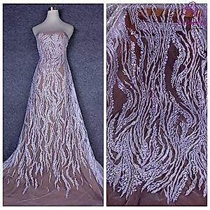 Popular La Belleza Beaded lace Fabric 51" Width Simple Irregular Curve Easy for Cut Wedding Dress lace Fabric 1 Yard/Piece in Pure White Color