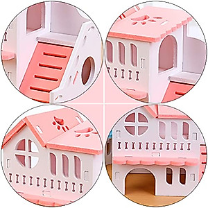 UKCOCO Wooden Hamster House, Small Animal Hideout Castle Double Deck Villa with Climbing Ladder Slide for Hamsters, Mice, Gerbils