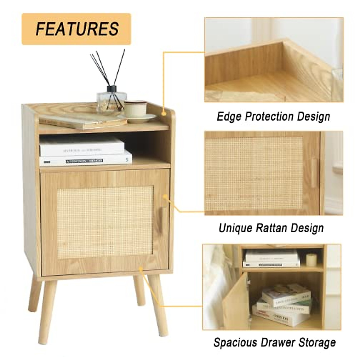 AWASEN Mid Century Nightstand with Charging Station, Rattan Night Stand with Storage, Bedside Table End Table with 2 Tiers Shelf Space for for Bedroom,Living Room, Natural Walnut