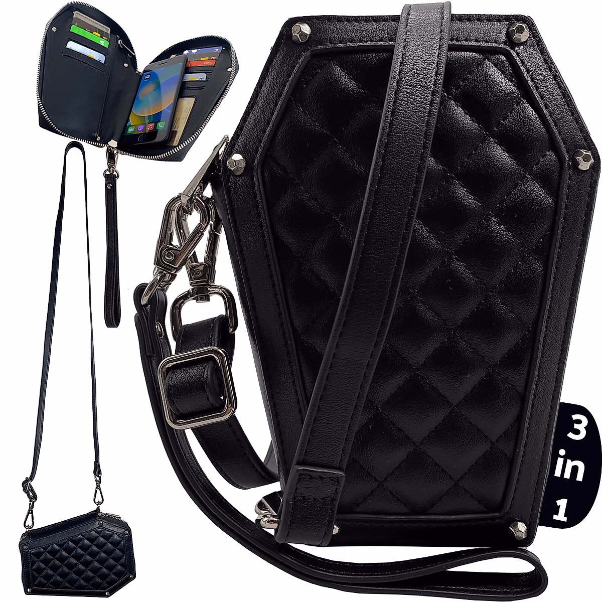 Dark Duchess Coffin Purse Wallet Bag - Goth Gifts For Gothic Vegan Women - Small Black Shoulder Crossbody Purses - Alternative Punk Bags - Cross Body Clutch Wallets - Hand Wristlet Handbags Clutches