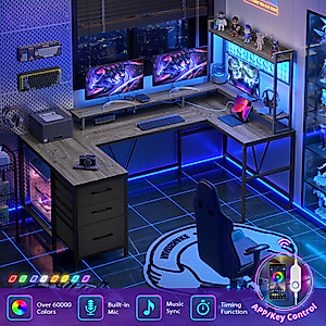 UPOSOJA U Shaped Gaming Desk with Hutch, 98.4in Reversible L Shaped Computer Desk with Power Outlets, Home Office Desk LED Light, Monitor Stand 3 Drawers Shelves 6 Hooks(Grey)