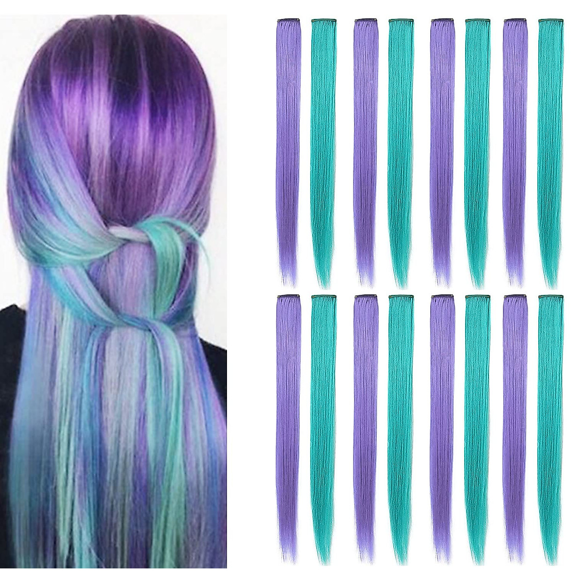 SARARHY Colored Hair Extensions Clip in 21 inch Straight Synthetic Hair Accessories Party Highlights Colorful Hairpieces for Kids Women Girls Wig Pieces 16 Pcs (Teal Lavender)