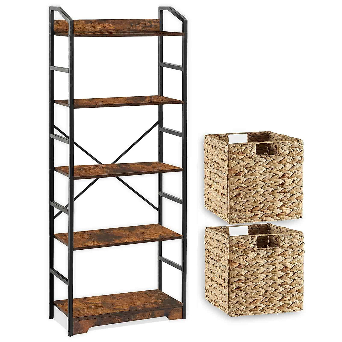 Vagusicc 5 Tier Bookshelf with 2 Storage Baskets, Tall Bookcase Shelf Storage Organizer Wood Book Shelf, Modern Shelf Rack Shelves with Steel Frame, Multipurpose Bookshelf for Bedroom Living Room