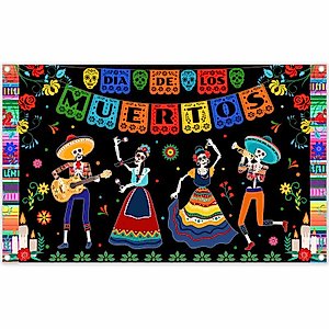 ZTHMOE 72x43inch Polyester Day of The Dead Backdrop Mexican Dia DE Los Muertos Photography Background Fiesta Sugar Skull Flowers Party Decorations Photo Banner Props with Four Holes Easy to Hang