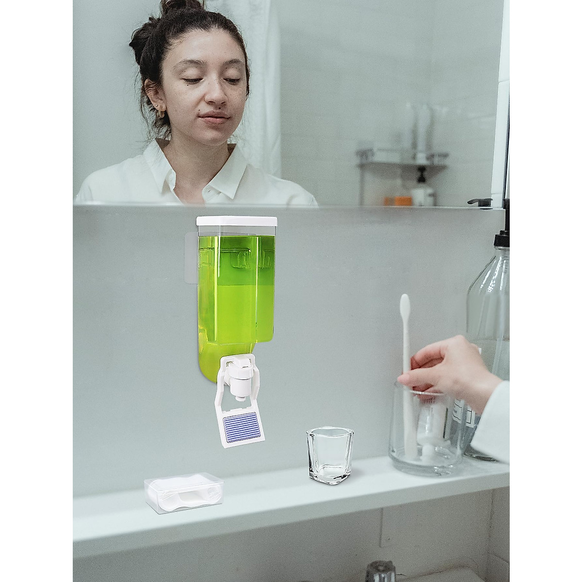 LOMEVE 20oz Mouthwash Dispenser Wall Mounted, Plastic Mouthwash Dispenser for Bathroom, Mouthwash Container with 50 Dental Floss, Glass Cup, and Adhesive Hook