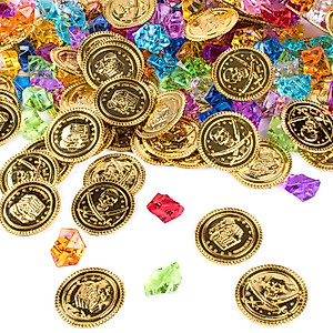 Super Z Outlet Pirate Plastic Gold Colored Coins Buried Treasure and Pirate Gems Jewelry Playset Activity Game Piece Pack Party Favor Decorations (120 Coins + 120 Gems)