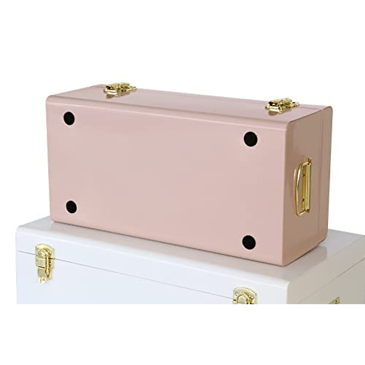 Vixdonos Metal Trunks College Dorm Steel Chests Decorative Storage Box Set of 2 Clothes Organizer for Home Decor,23.7X14.2X9.5 Inches(Pink and White)