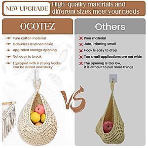 Hanging Fruit Baskets for Kitchen - 3 Pack Boho Wall Hanging Basket with 6 Pcs Strong Hooks, Handwoven Hanging Holder Teardrop Home Produce Basket for Fruits Vegetable Potato Onion Storage (White)