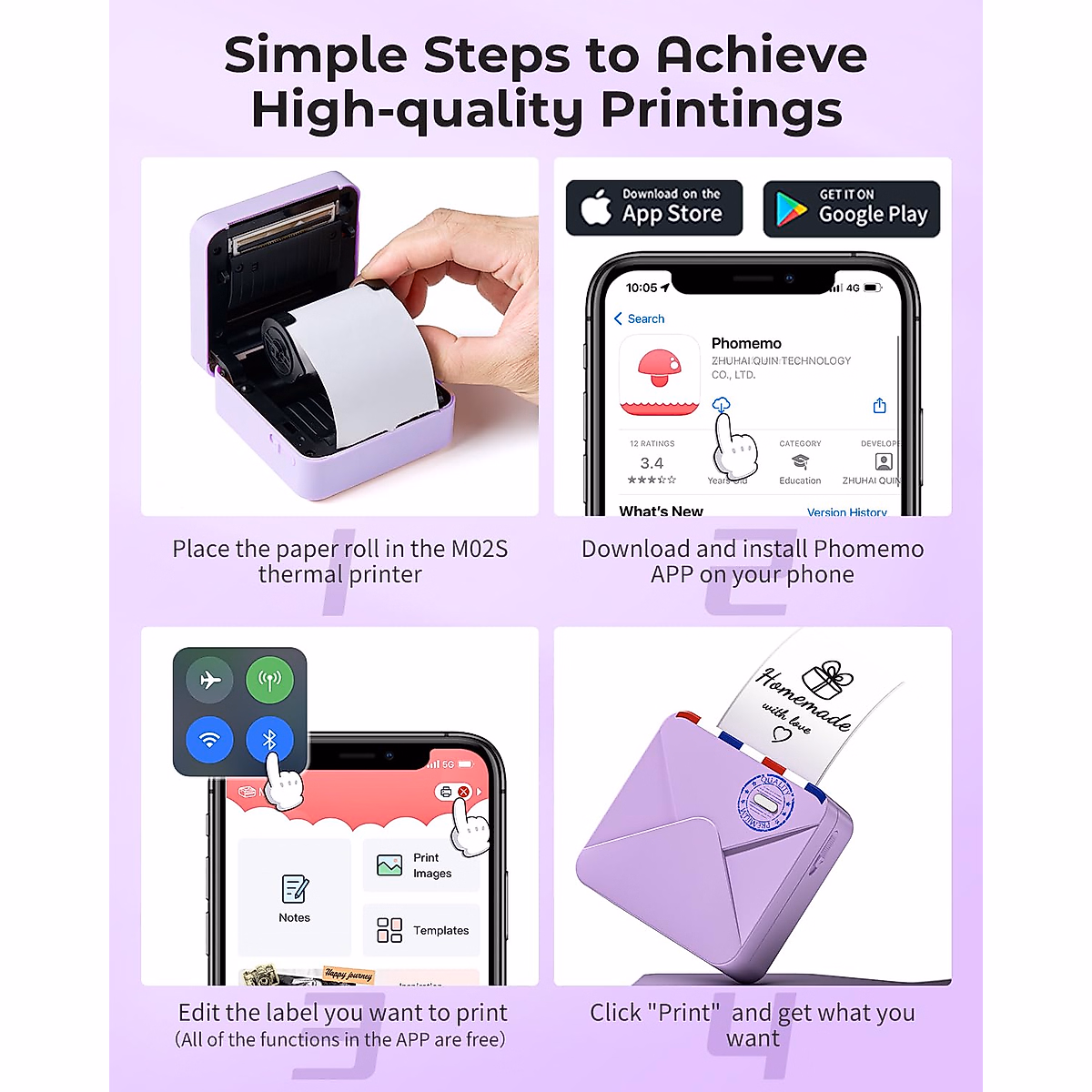 COLORWING M02S Pocket Mini Printer-Bluetooth Thermal Photo Mini Printer 300DPI,Thermal Sticker Printer for Study Notes, Photo, Organization, Gift, Compatible with iOS and Android