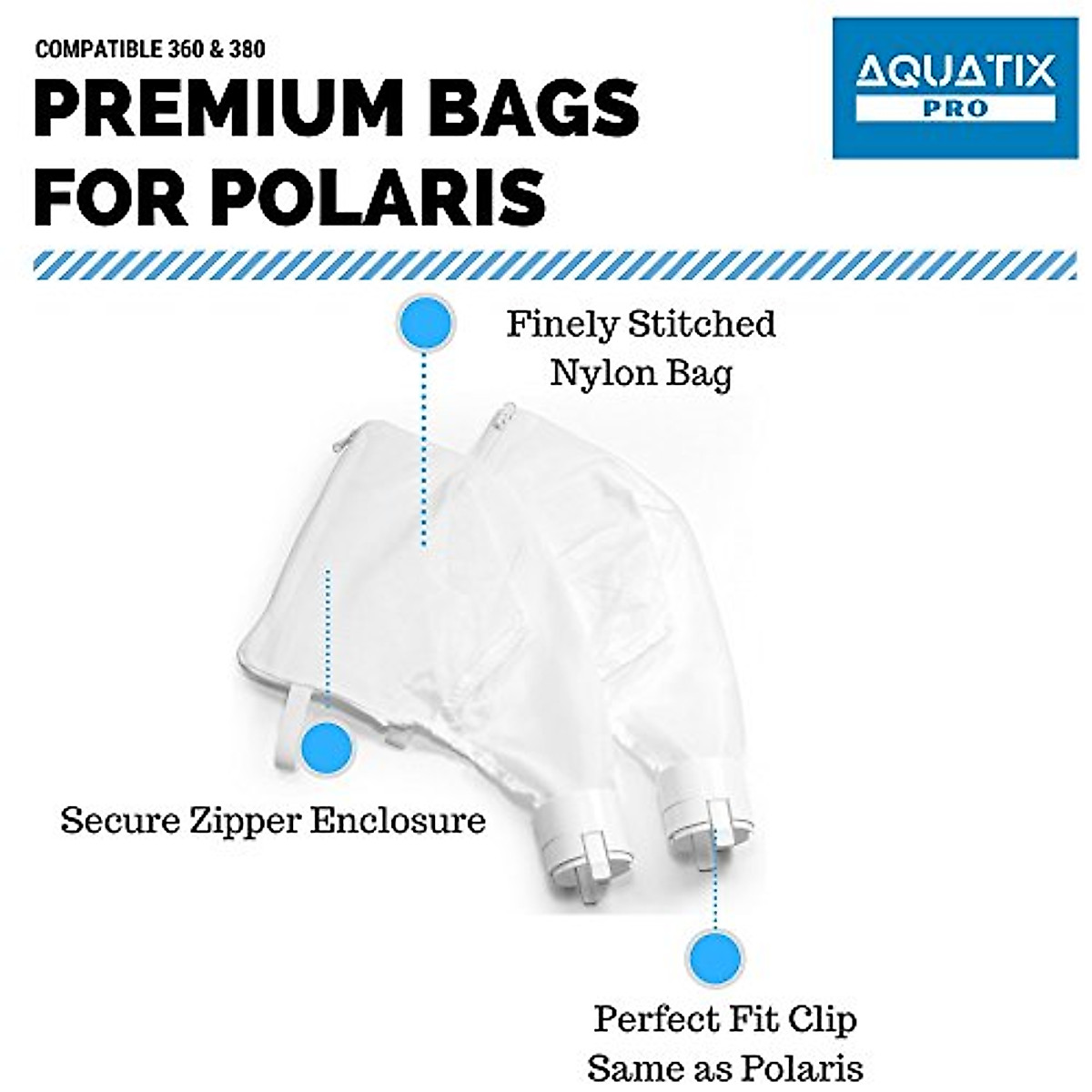 Aquatix Pro Premium Compatible Zipper Replacement Bags for Polaris 360 & 380 (2pc), Heavy Duty Pool Vacuum Cleaner/Filter Parts, Easy to Install Leaf Bags, Damage Free Enclosure, Full Warranty
