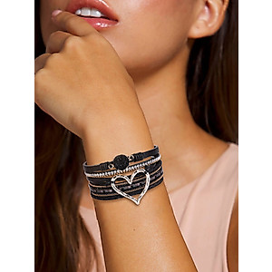 Dcfywl731 Multilayer Wrap Leather Bracelet Heart Modern Boho Bracelet Clasp Cuff Rhinestone Leather Bracelets for Women (Black)
