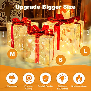 Large Christmas Lighted Present Boxes Decorations, Plug-In Transparent Warm White 76 LED Light Up Gift Boxes Outdoor Indoor for Christmas Tree Yard Home Lawn Holiday Outside Xmas Decor Set of 3