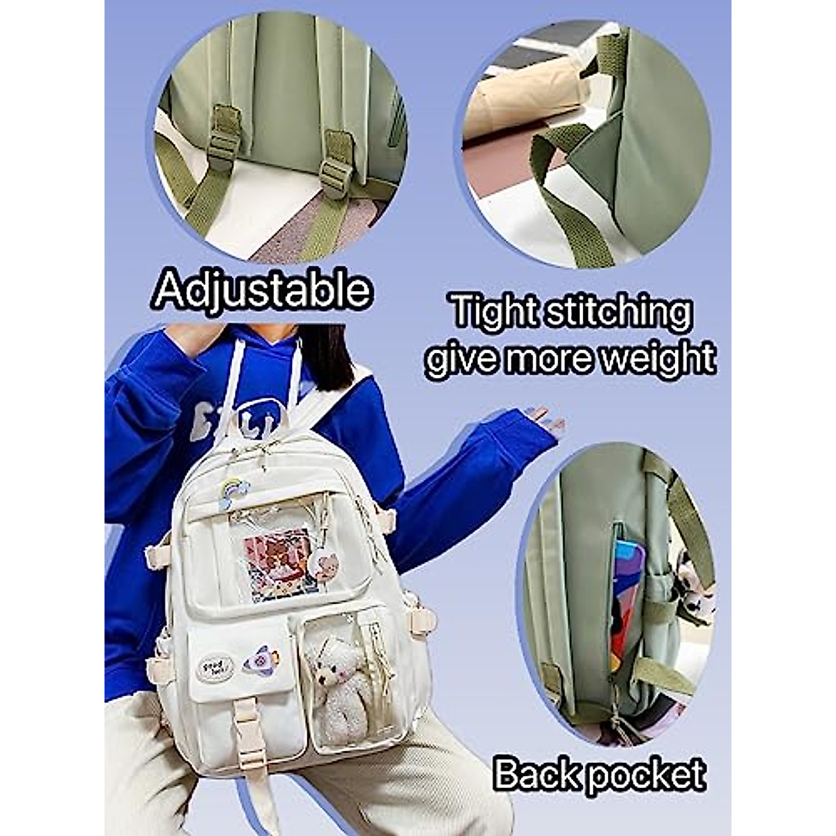 Romlvy Kawaii Backpack with Cute Accessories Aesthetic Multi Pockets Large Capacity Outdoor Backpack Daypack Laptop Backpack (Black)