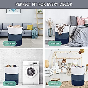 BOSROTY Extra Large Blanket Basket, Tall Laundry Basket, Laundry Hamper, Large Storage Basket, 15.7”x 21.7”,Cotton Rope Basket, Woven Basket, Toy Basket, Clothes Baskets, White&Cadet Blue&Navy Blue