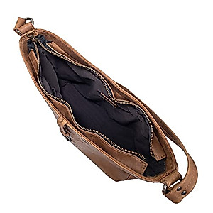 Hide & Drink, Classic Shoulder Bag Handmade from Full Grain Leather & Plaid Cotton - Durable, Spacious Handbag, Vintage Style Purse for Everyday Use, Travel, Shopping with Zipper - Bourbon Brown