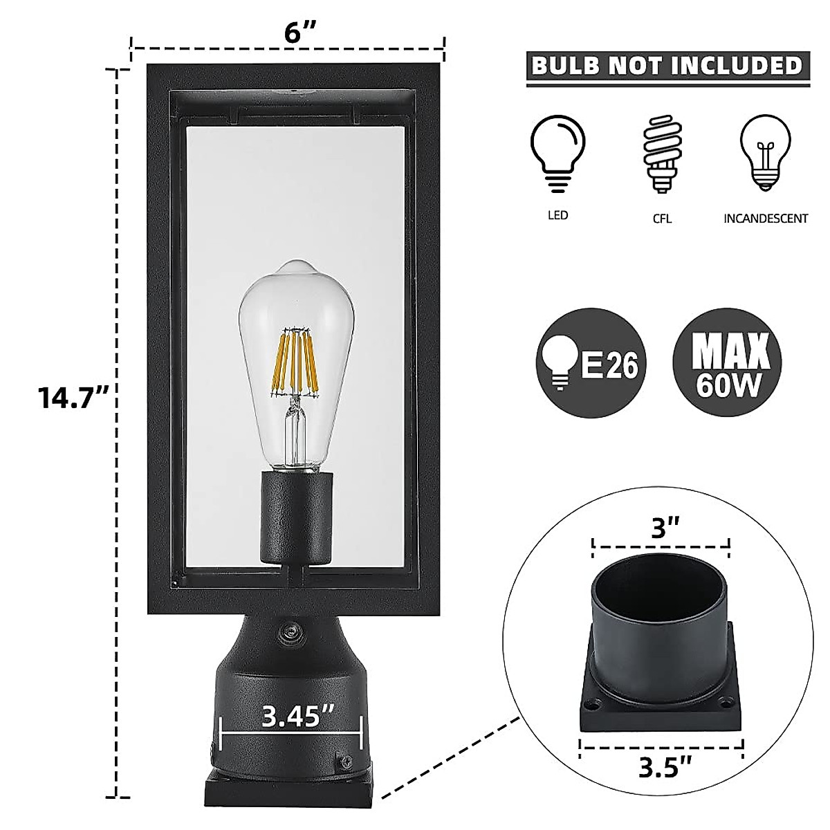 Windben Dusk to Dawn Outdoor Post Light,Lamp Post Light Fixture,Post Lantern with Pier Mount Base,Matte Black,Suitable for Gardens,Yards,Passages or Entrances, etc