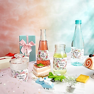 Chinco 48 Pieces Waterproof Baby Shower Water Bottle Labels Pink Water Bottle Wrappers Floral Bottle Labels Unisex Water Bottle Sticker Labels Shower Decorations for Baby Birthday Party, 4 Styles