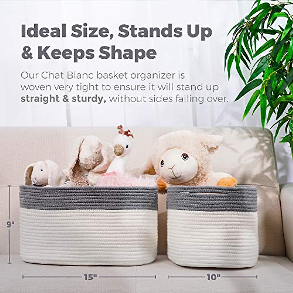 Cotton Rope Basket for Storage | 15"x10"x9" Set of 3 White & Gray Medium Storage Baskets for Organizing with Handles works as Cloth Baskets, Blanket Basket, Big Woven Laundry Basket or Toy Bin like Wicker Laundry Baskets