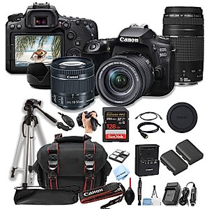 Canon EOS 90D DSLR Camera w/EF-S 18-55mm F/4-5.6 STM + 75-300mm F/4-5.6 III + 128GB Pro Speed Memory + Case + Tripod -Proffesional Bundle (Renewed)