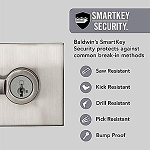 Baldwin Spyglass , Entry Door Handle Reversible Lever with Keyed Lock Featuring SmartKey Re-key Technology and Microban Protection, in Satin Nickel