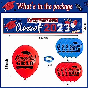 Class of 2023 Graduation Decorations Blue and Red Graduation Banner Large Congratulations Backdrop and 8pcs Congrats Grad Balloons College Graduation Party Graduation Decorations 2023