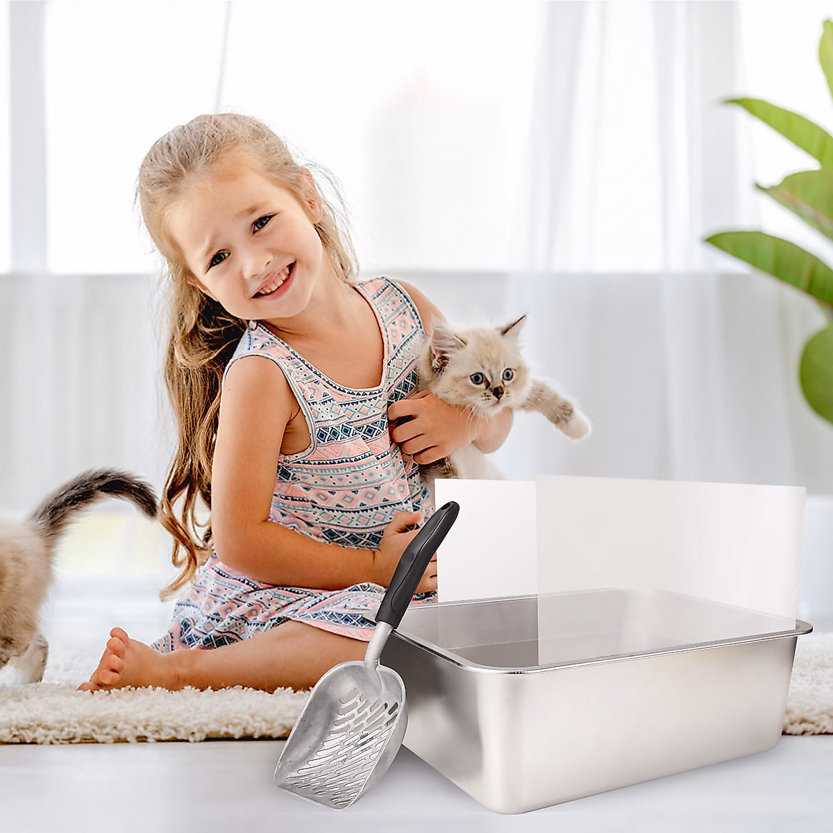 Vehipa 3 Set Stainless Steel Litter Boxes Large Metal Litter Boxes with Litter Box Pee Shields and Metal Cat Litter Scoops for Cats Rabbits, Non Stick Smooth Surface and Rustproof 17.5 x 13.6 x 5.9