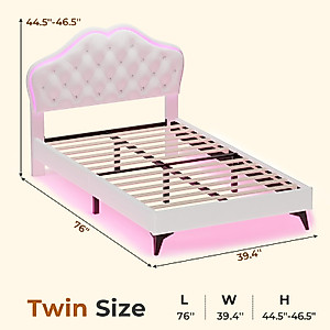 ADORNEVE Twin Bed Frame with RGB LED Lights, Princess Bed Frame with Adjustable Crystal Button Headboard, Velet Upholstered Platform Bed for Girls, Solid Wooden Slats, Easy Assembly, Creamy White