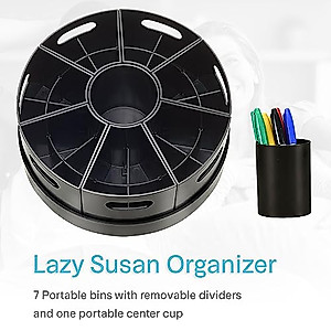 PUZZLE EZ Black Rotating Desk Organizer Lazy Susan Caddies for Home School Office Supplies, Pens, Markers and Art Supplies for Classroom