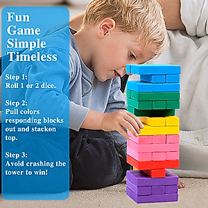 Stacking Board Game,Colored Wooden Stacking Game,48PCS Tumble Tower With Dice,Colorful Stacking Block Party Game,Educational Stacking Building Blocks For Kids,Stacking Gifts Set For Boys Girls Adults