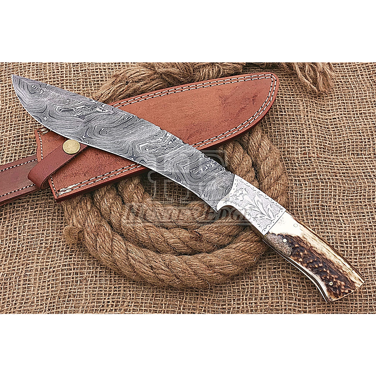 HUNTEX Handmade Hand-Forged Twist Pattern Damascus Steel 14 Inch Long Full Tang Deer Antler Handle Razor Sharp Hunting Camping Bowie Knife w/Genuine Leather Sheath