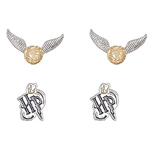 Harry Potter Flash Plated and Silver Plated Stud Earring Set, 2 Pair Two Tone Studs - Golden Snitch Flash and Silver Plated Studs, HP Silver Plated Studs