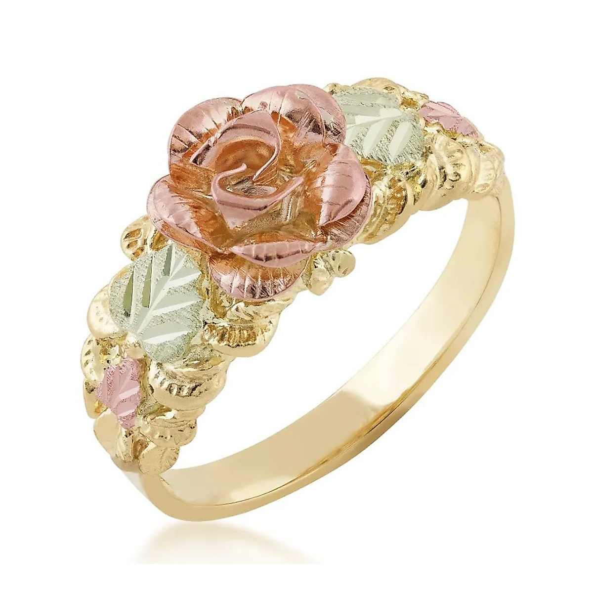 3D Rose Band 10k Yellow Gold, 12k Green Gold, 12k Rose Black Hills Gold Size 9